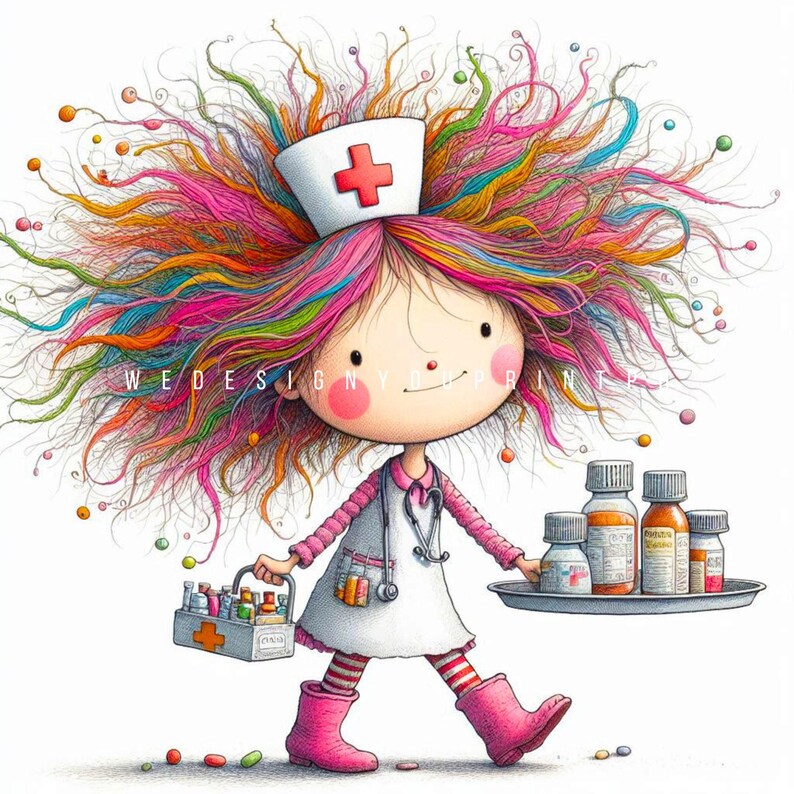 10 Cute Quirky Nurse Clipart JPG, Rainbow Hair Girl Doctor Clip Art JPG ...