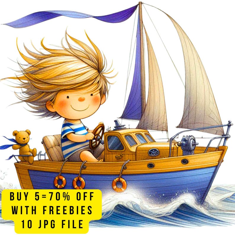 10 Cute Boy on Sailboat Clipart JPG, Nautical Boat Kid Summer Ocean ...