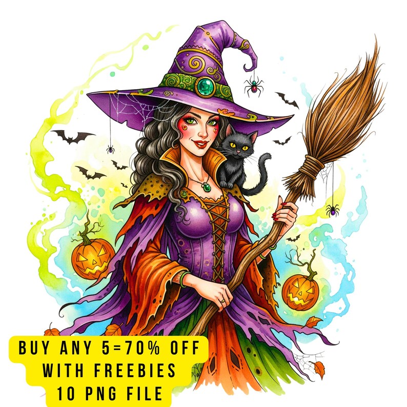 10 Halloween Witch Clipart PNG, Magical Witch With Pumpkin Broomstick ...
