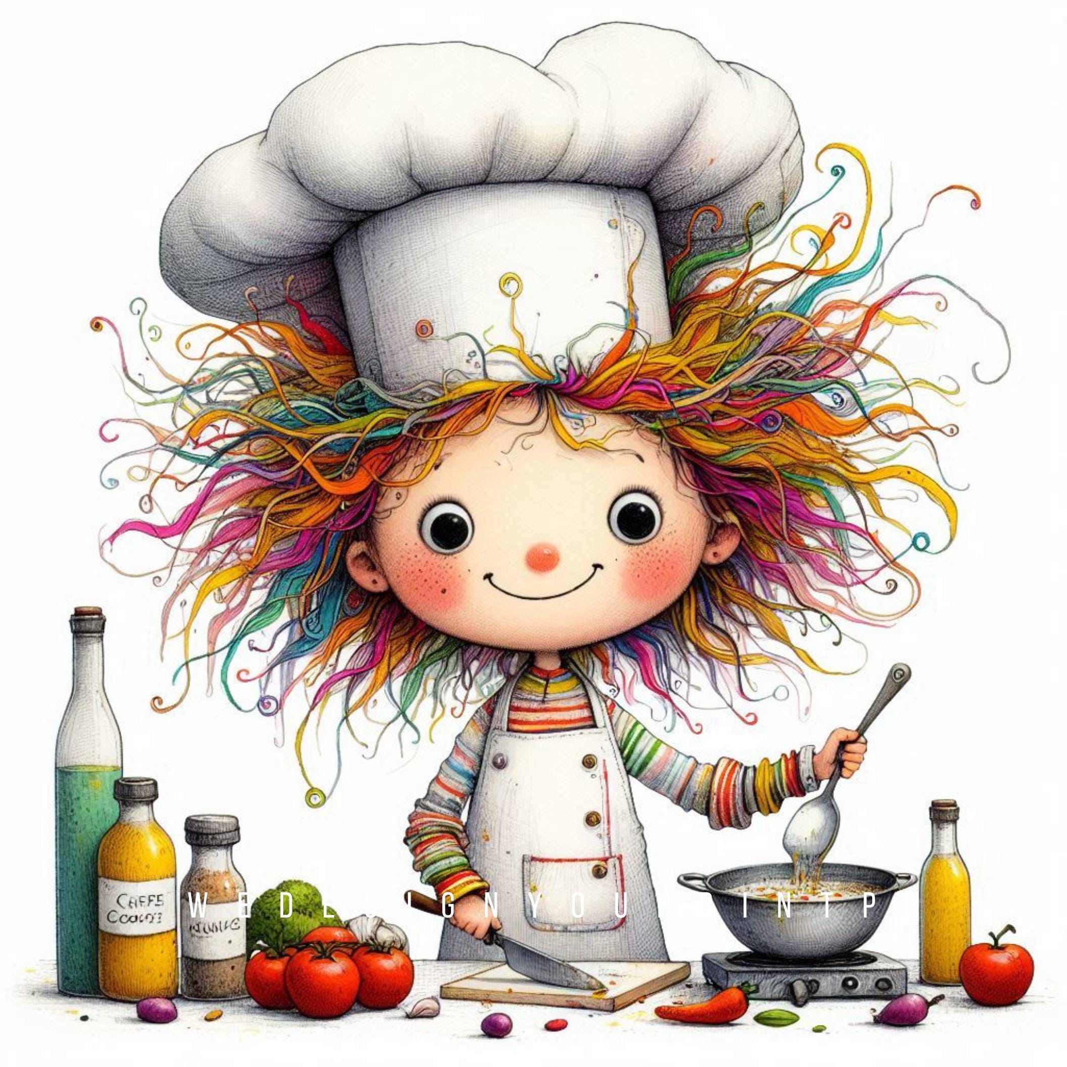 10 Cute Quirky Chef Girl Clipart JPG, Colorful Hair Little Chef Cook ...