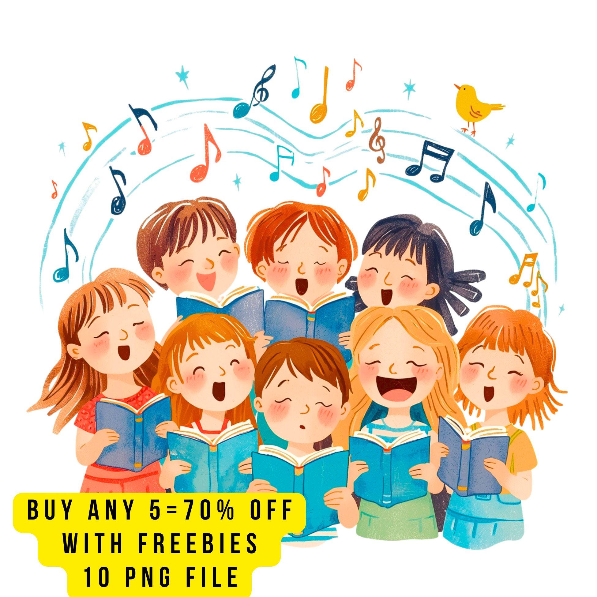 10 Kids Choir Singing Clipart, Children Music PNG Bundle Clip Art ...