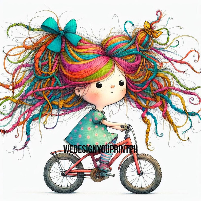 10 Colorful Quirky Girl Riding a Bike Clipart JPG, Whimsical Girl Bike Ride Clip Art, Rainbow ...