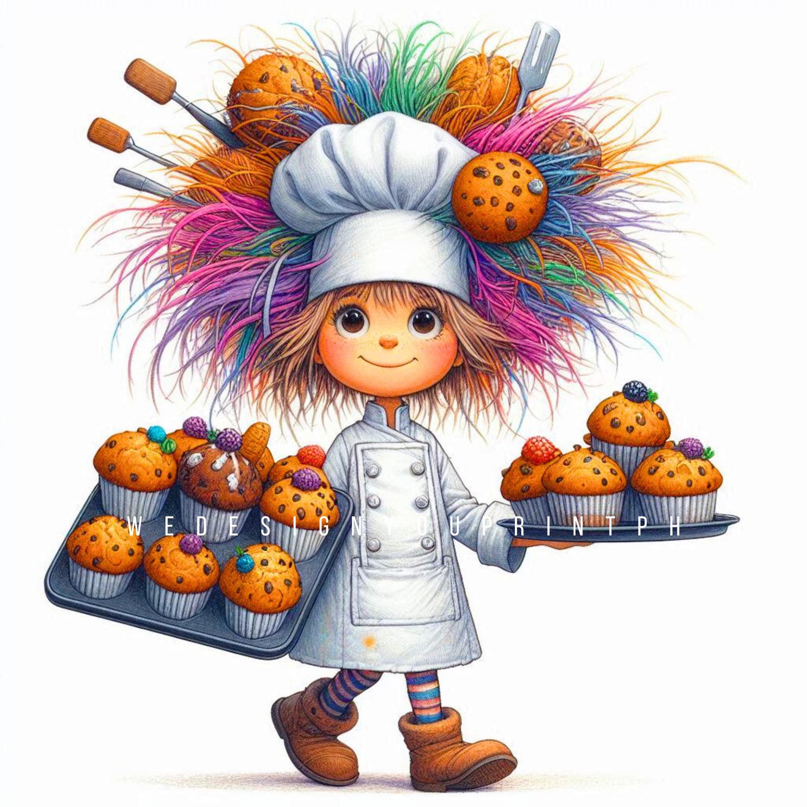 10 Cute Quirky Chef Girl Clipart JPG, Colorful Hair Little Muffins Chef ...