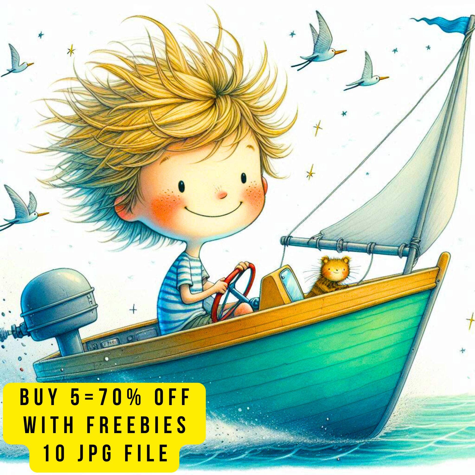 10 Cute Boy on Sailboat Clipart JPG, Nautical Boat Kid Summer Ocean ...
