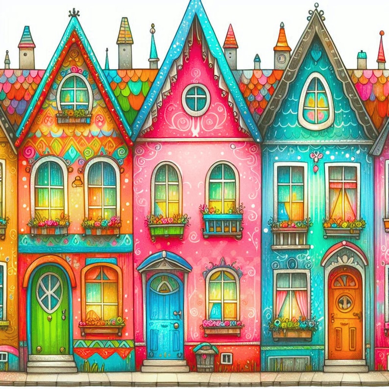 10 Whimsical Colorful Row Houses Clipart, High Quality 300 DPI JPG ...