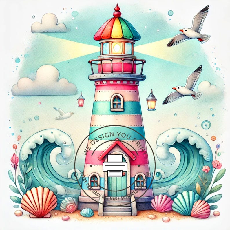 10 Whimsical Lighthouse Clipart JPG | Coastal Cottage Digital Art ...