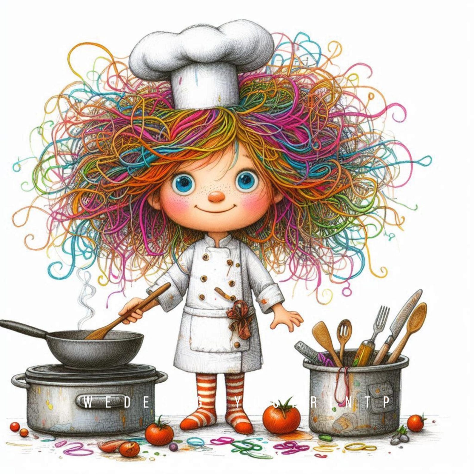 10 Cute Quirky Chef Girl Clipart JPG, Colorful Hair Little Chef Cook ...