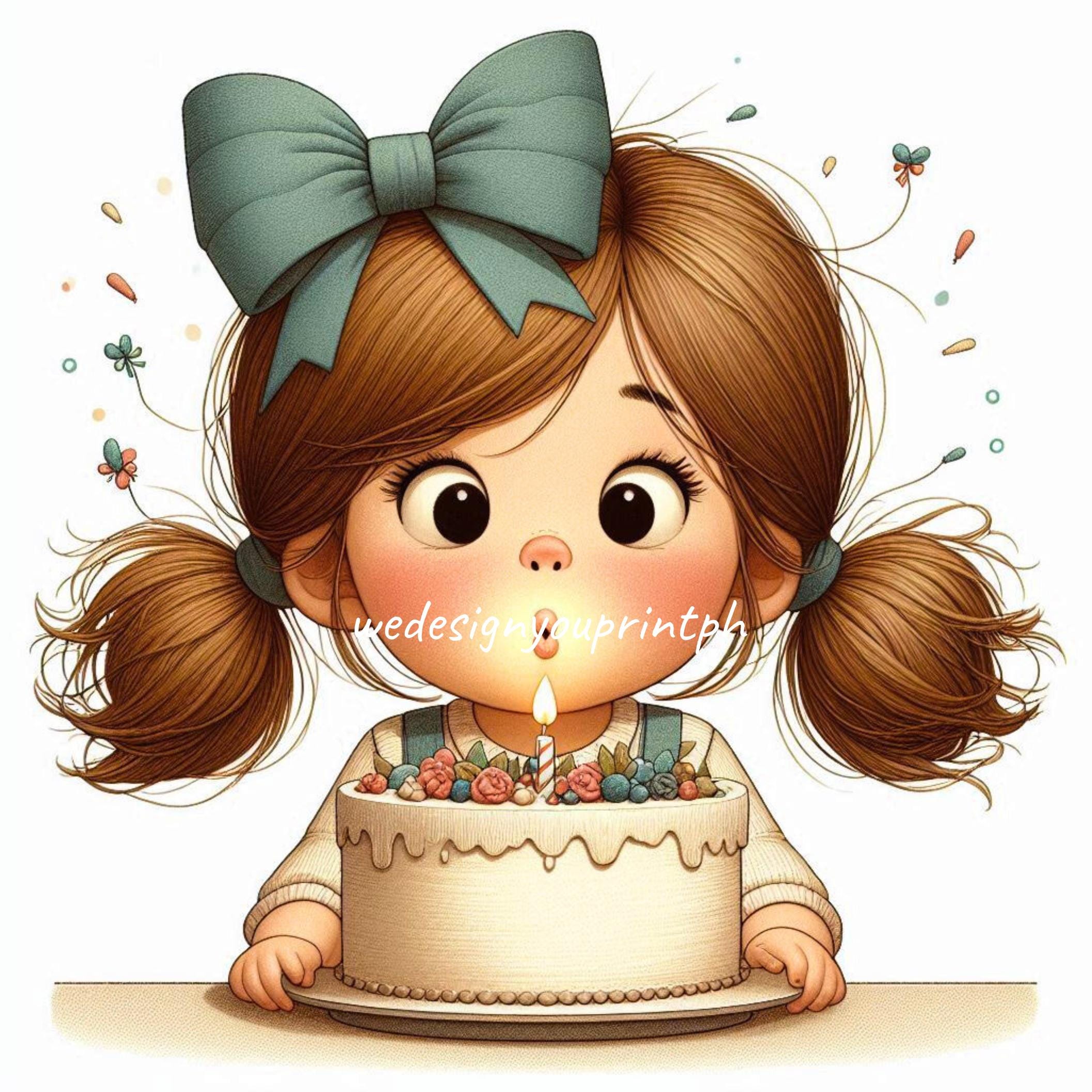 10 Cute Girl Blowing Birthday Candles Cake Clip Art JPG, Birthday ...