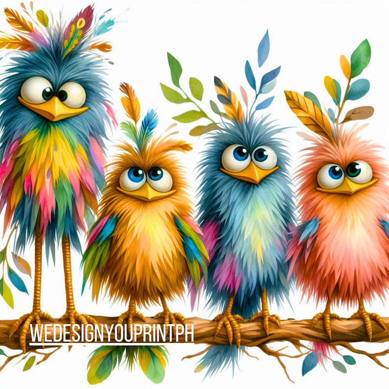 10 Colorful Quirky Bird Clipart JPG, Cute Whimsical Feathered Big Eyed ...