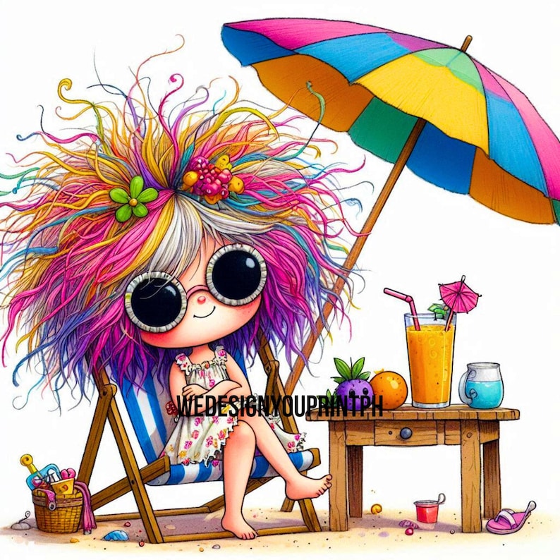 10 Summer Quirky Girl Clipart JPG, Colorful Hair Beach Girl Clip Art ...