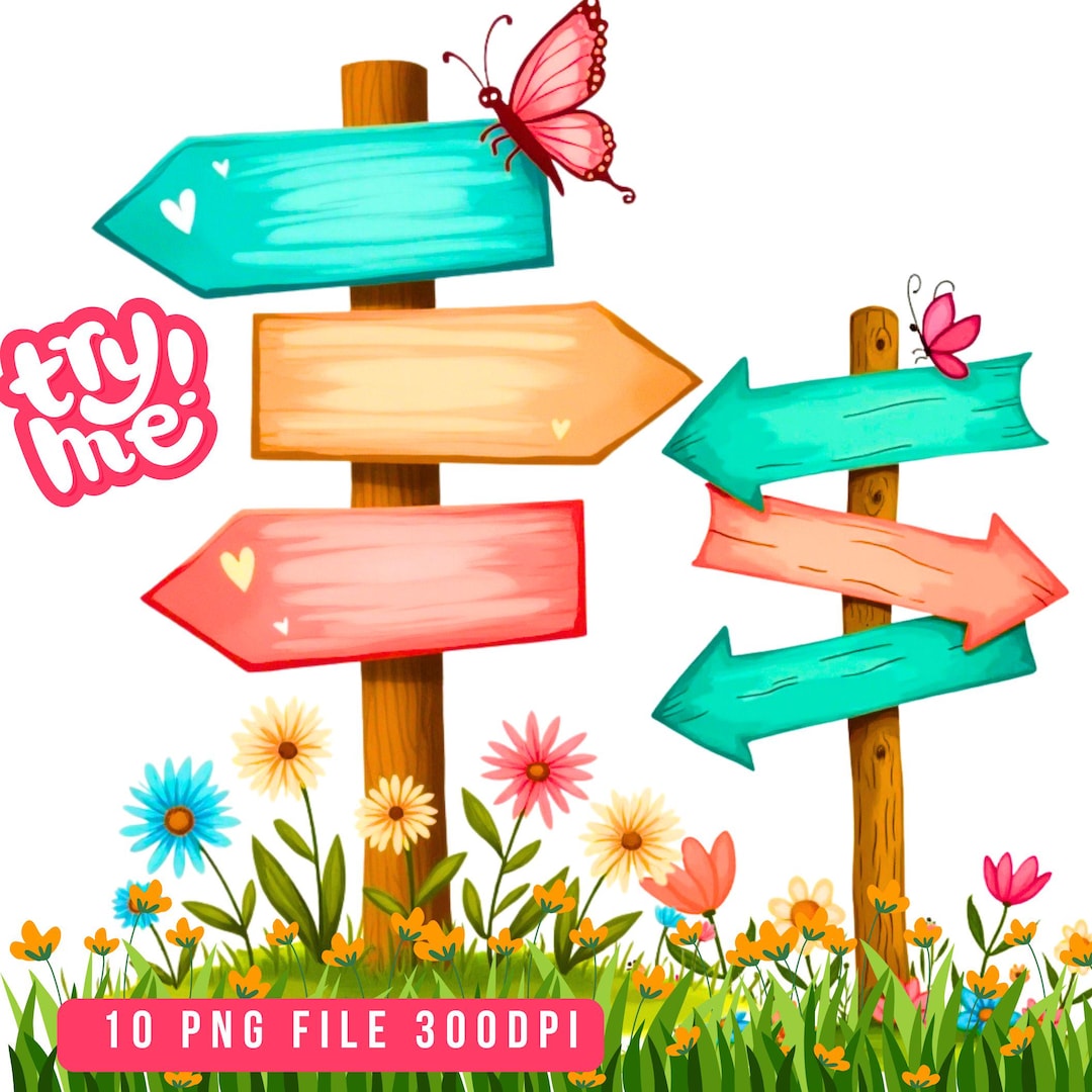 10 Spring Direction Sign Clipart PNG, Colorful Arrow Signpost, Garden ...