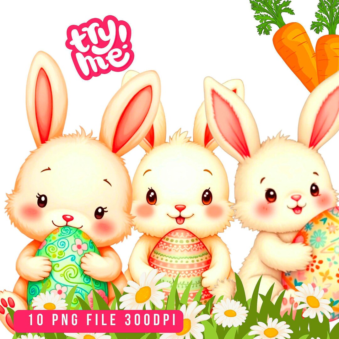 10 Cute Easter Bunny Clipart PNG, Kawaii Rabbit Holding Eggs, Spring ...