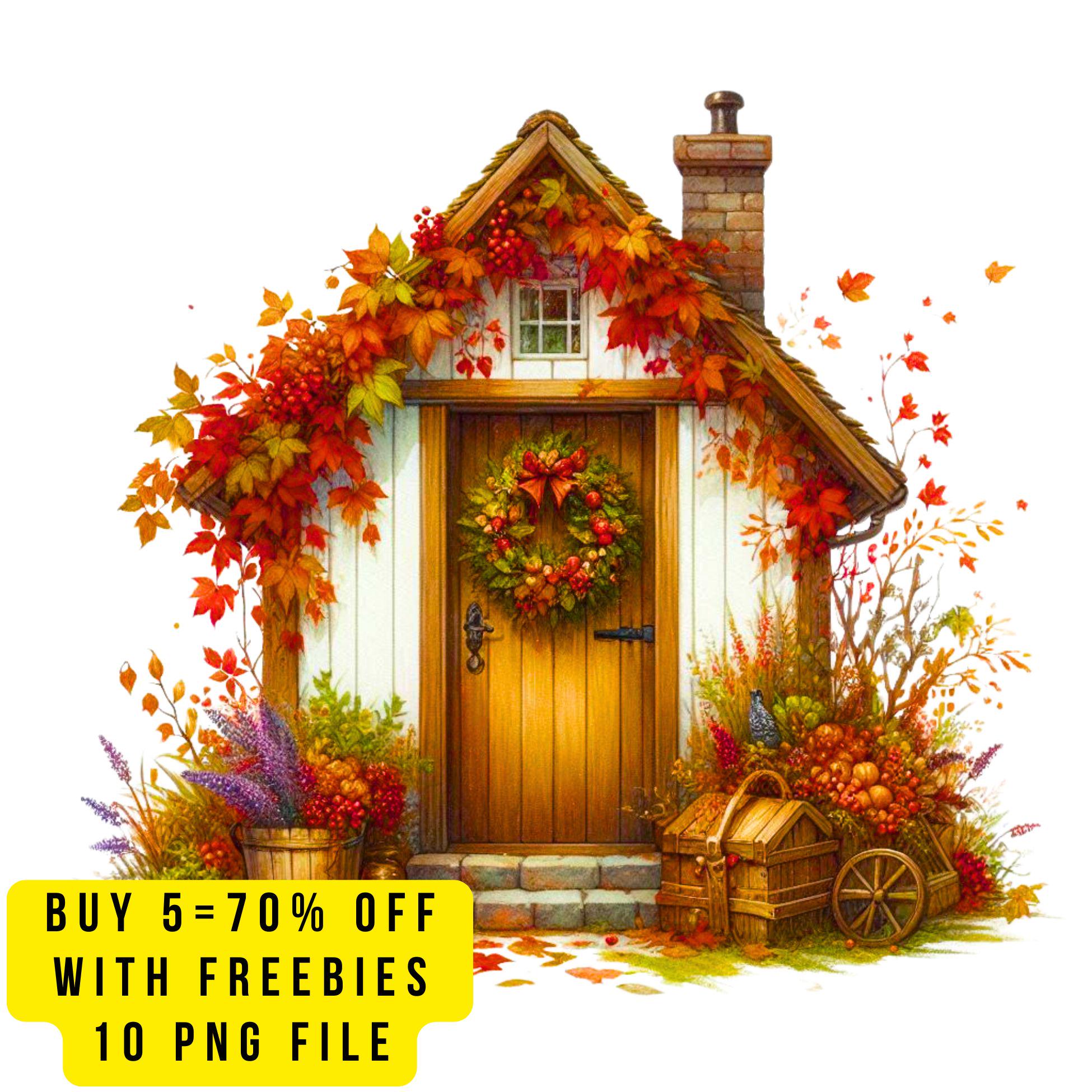 10 Rustic Fall House Clipart PNG, Autumn Cottage Front Porch, Fall ...