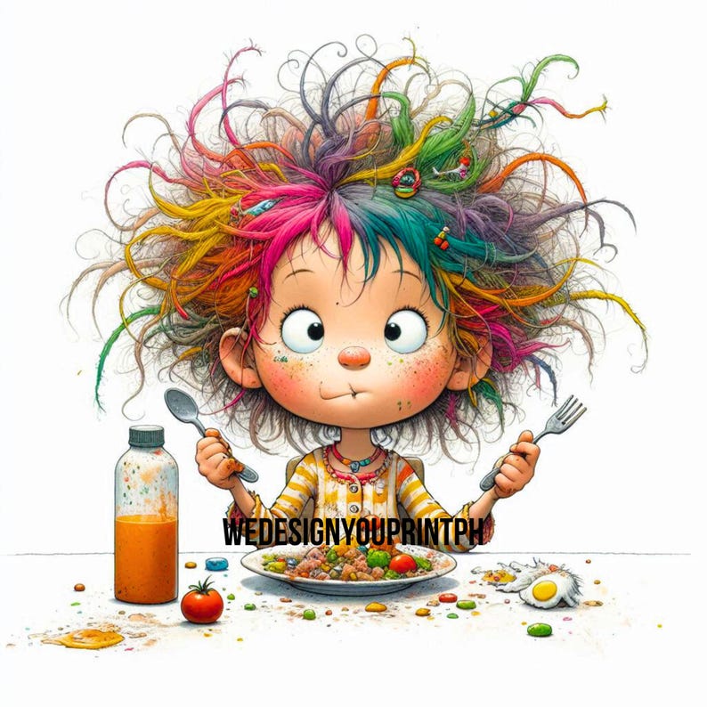 10 Messy Hair Funny Quirky Eating Meal Kid Clipart JPG, Girl Child ...