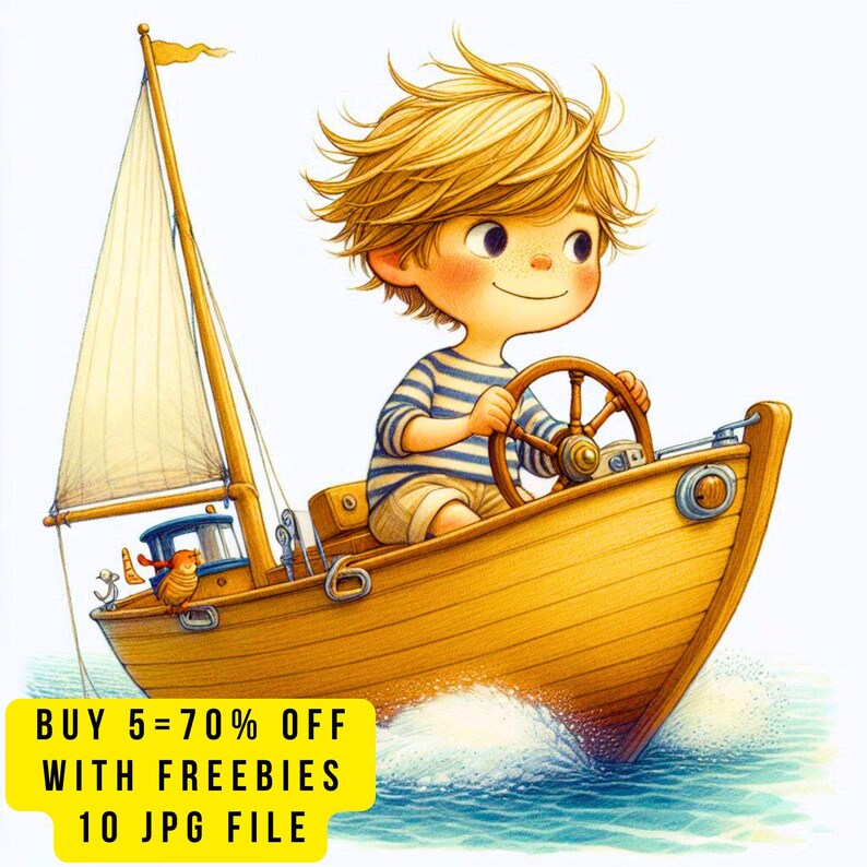 10 Cute Boy on Sailboat Clipart JPG, Nautical Boat Kid Summer Ocean ...