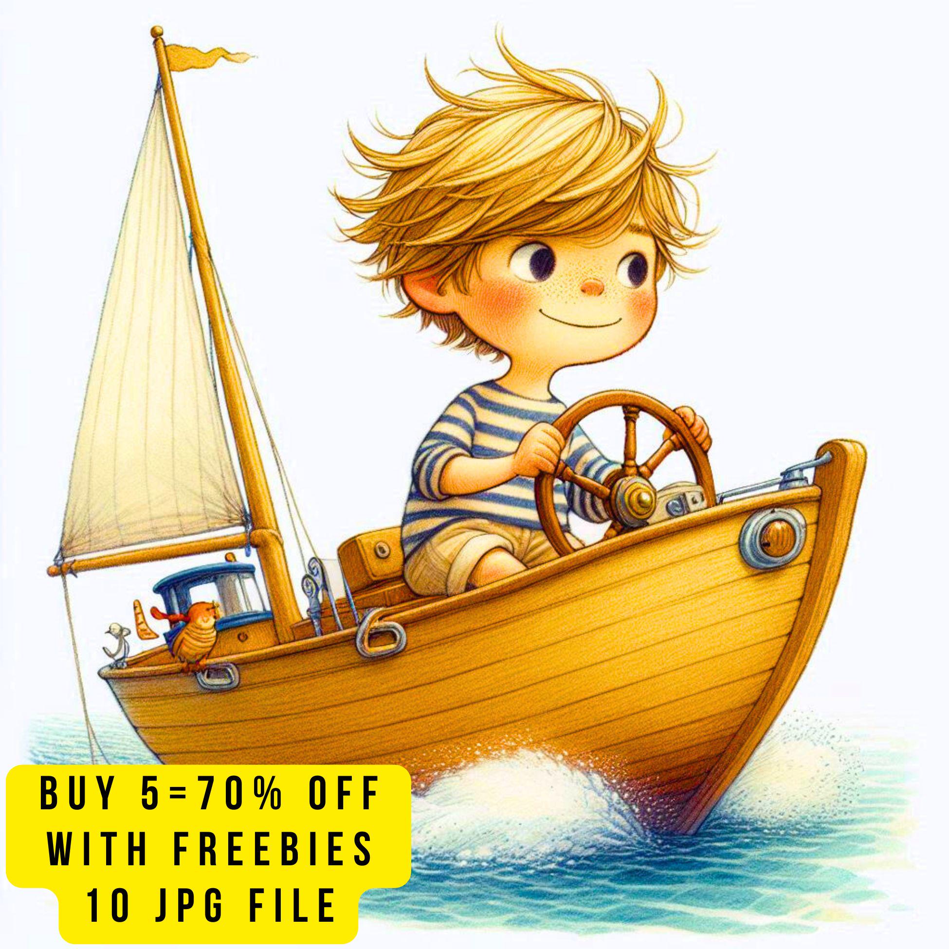 10 Cute Boy on Sailboat Clipart JPG, Nautical Boat Kid Summer Ocean Adventure Art Clip Art ...
