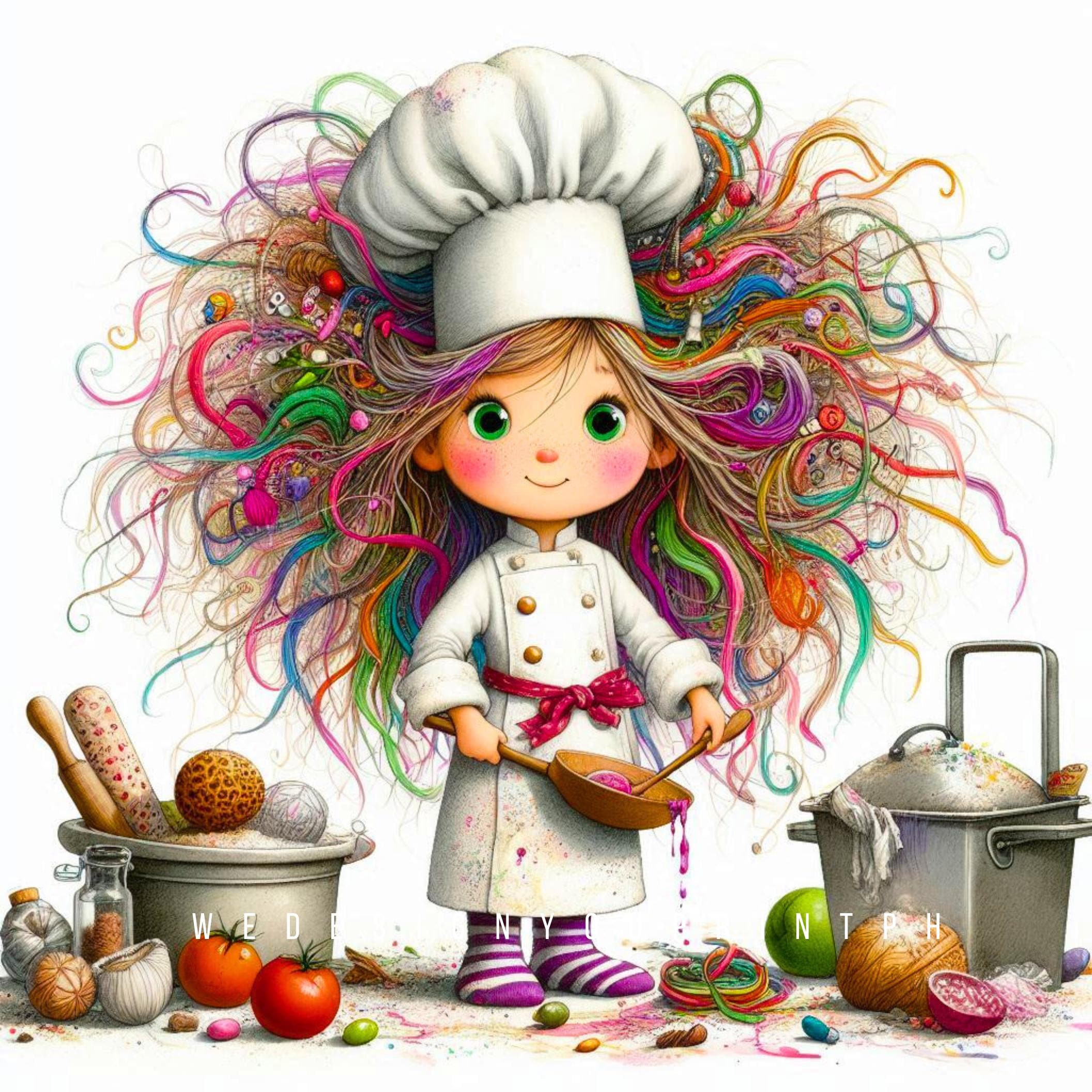 10 Cute Quirky Chef Girl Clipart JPG, Colorful Hair Little Chef Cook ...