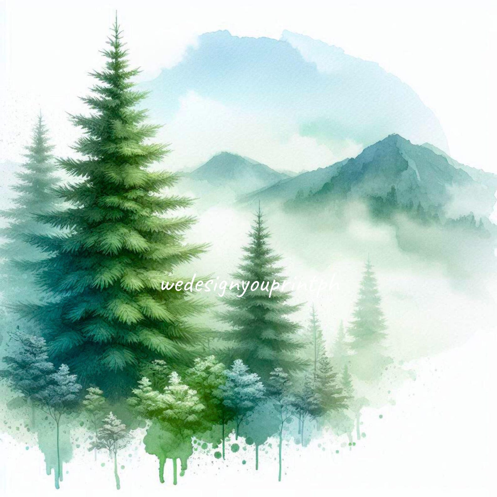 10 Misty Pine Tree Forest Clipart JPG, Water Color Evergreen Woodland Landscape, Green Tree ...