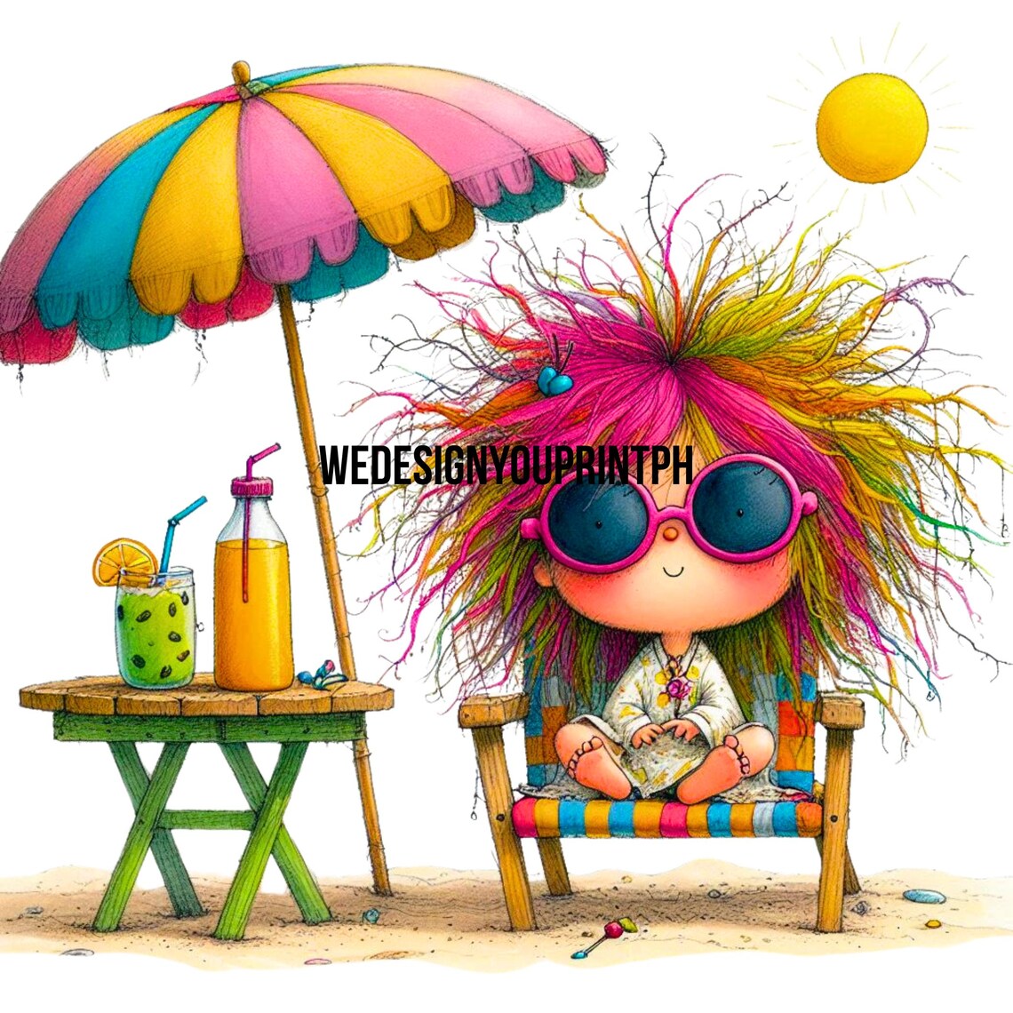 10 Summer Quirky Girl Clipart JPG, Colorful Hair Beach Girl Clip Art ...