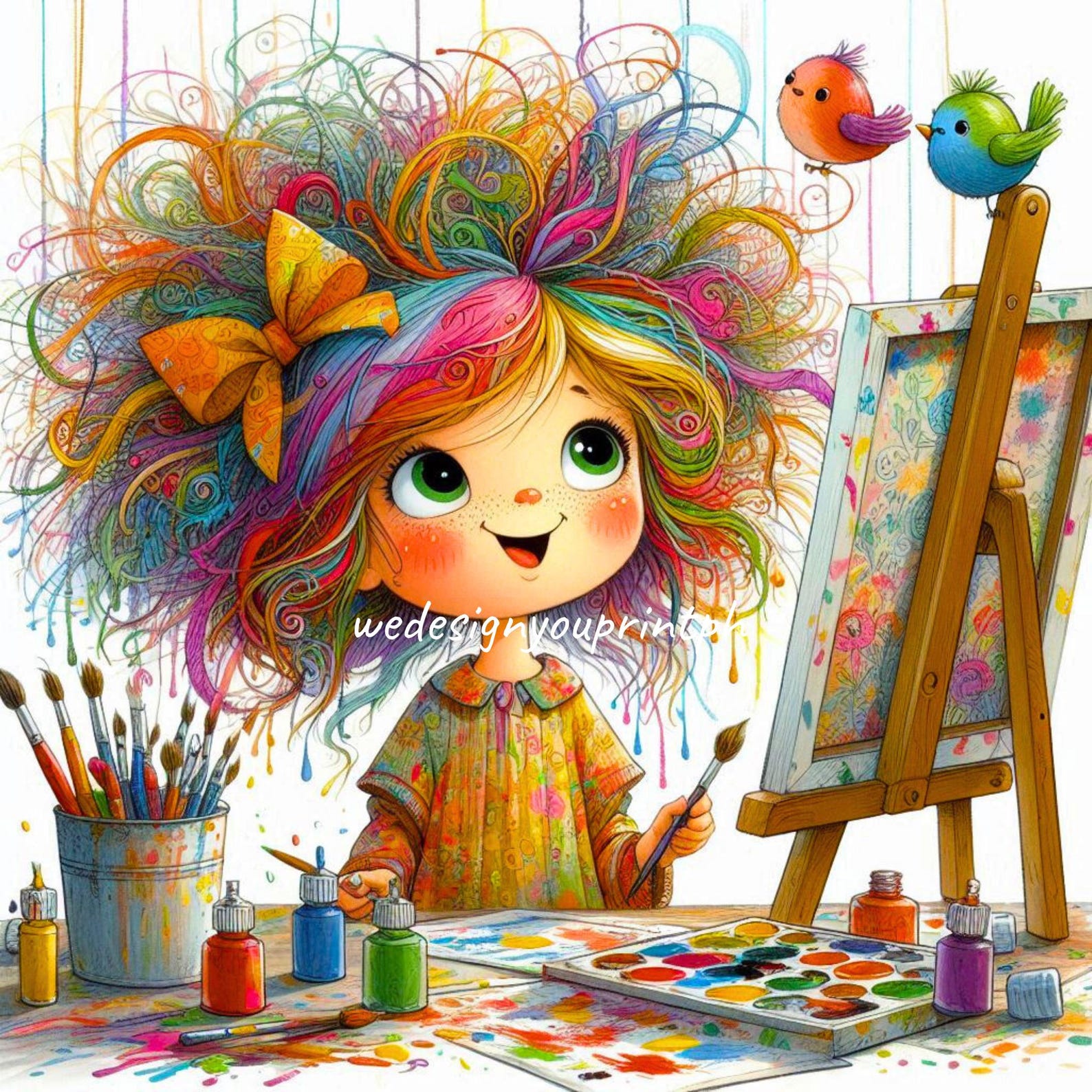10 Quirky Cute Girl Painter Clip Art JPG, Colorful Artist Kid ...