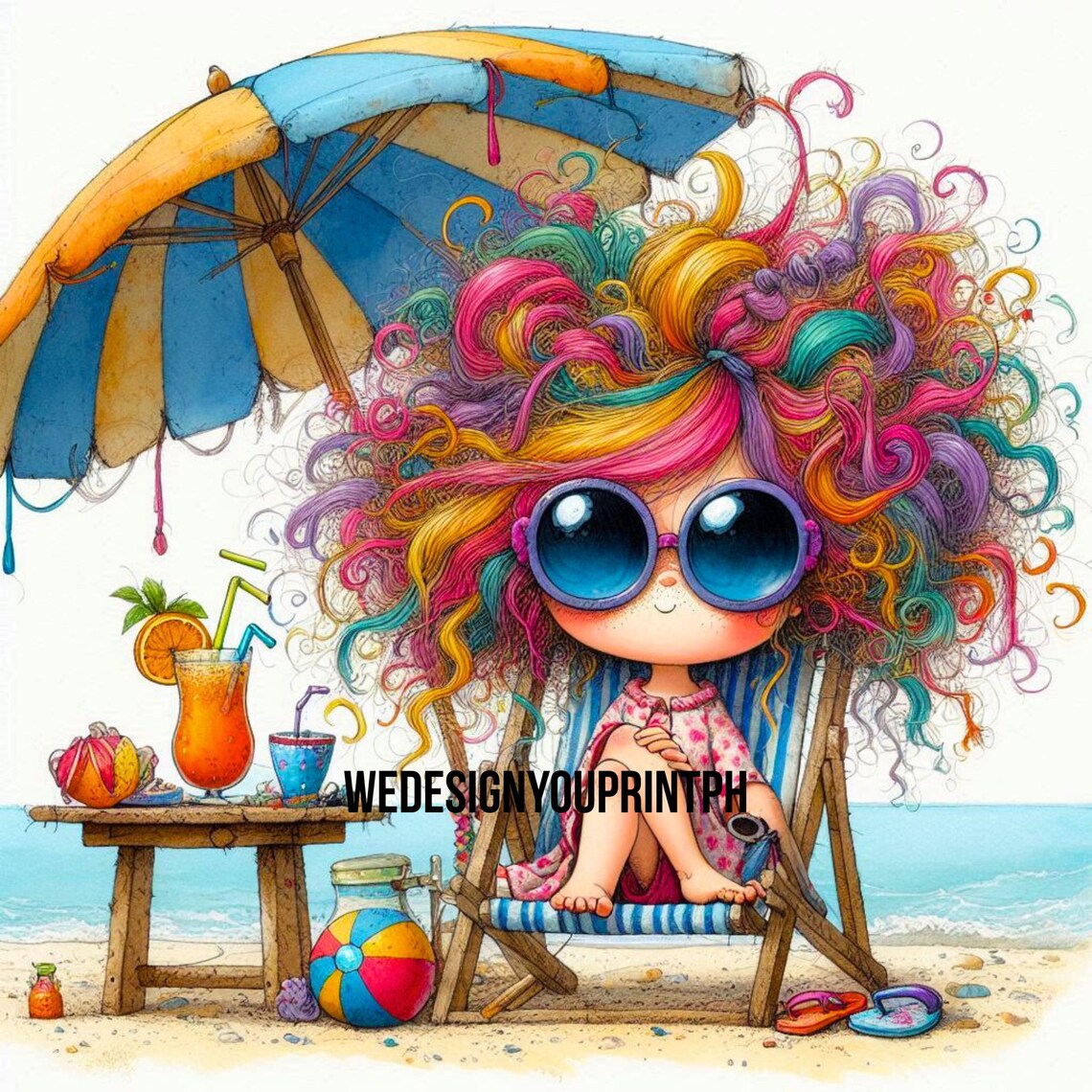 10 Summer Quirky Girl Clipart JPG, Colorful Hair Beach Girl Clip Art ...