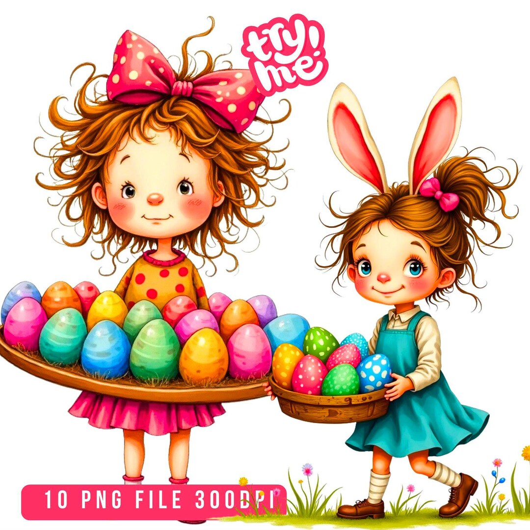 10 Easter Girls Clipart PNG Set, Cute Bunny Kids With Colorful Eggs ...