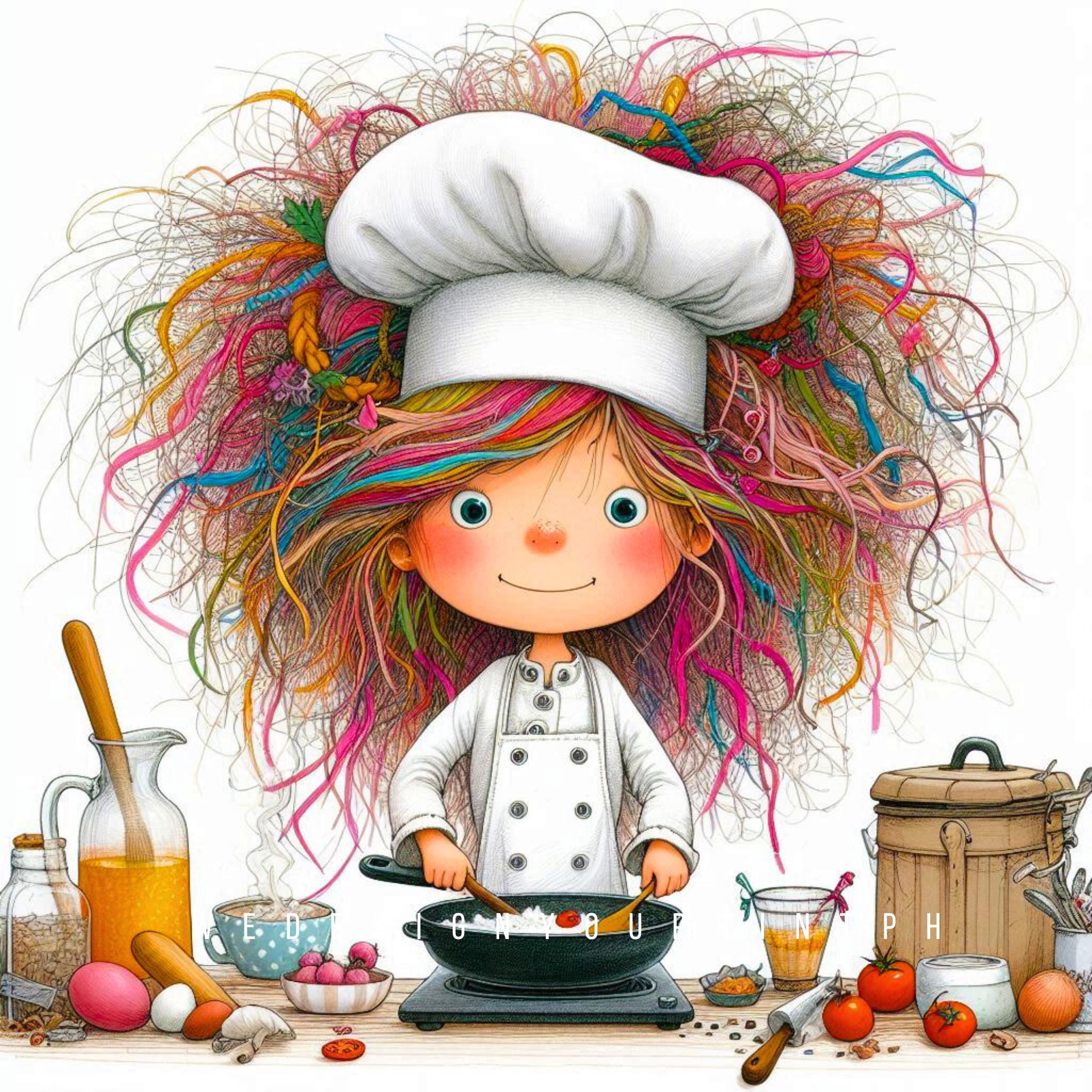 10 Cute Quirky Chef Girl Clipart JPG, Colorful Hair Little Chef Cook ...