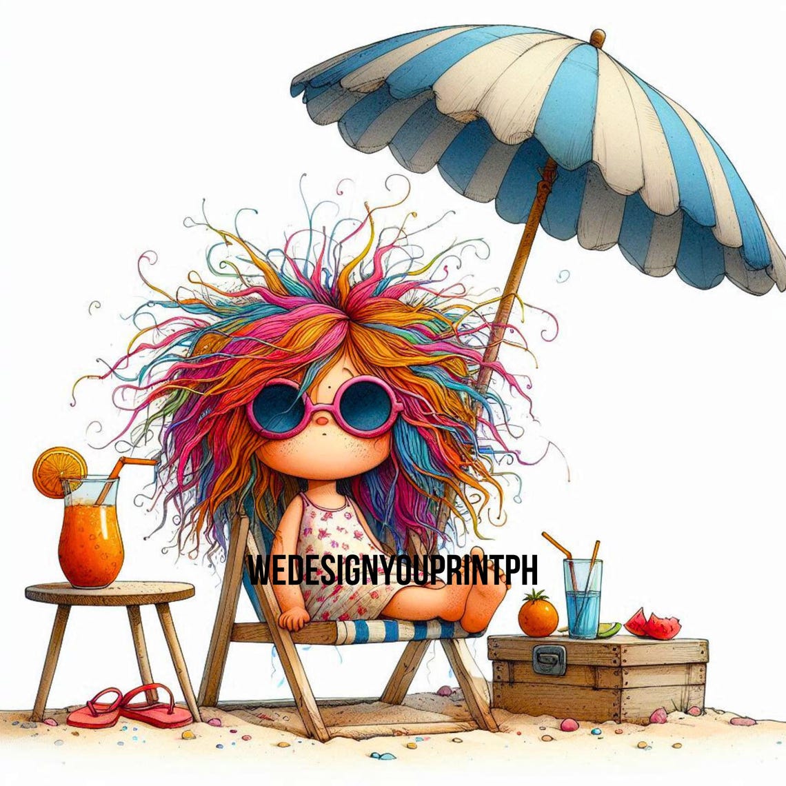10 Summer Quirky Girl Clipart JPG, Colorful Hair Beach Girl Clip Art ...
