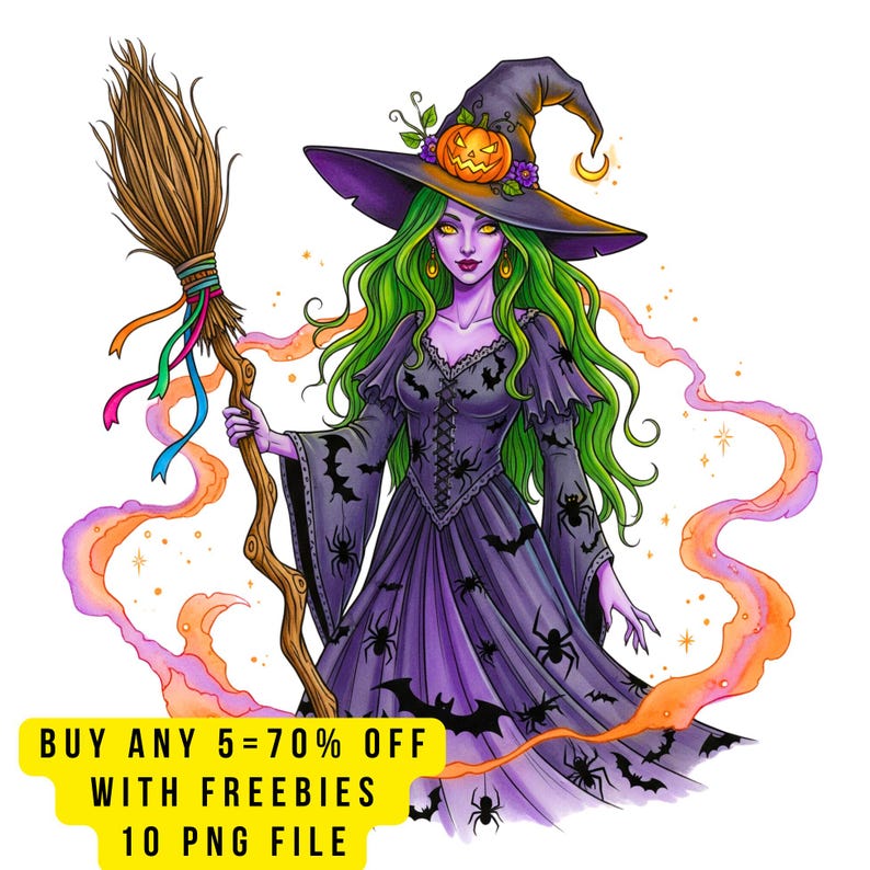 10 Halloween Witch Clipart PNG, Magical Witch With Pumpkin Broomstick ...