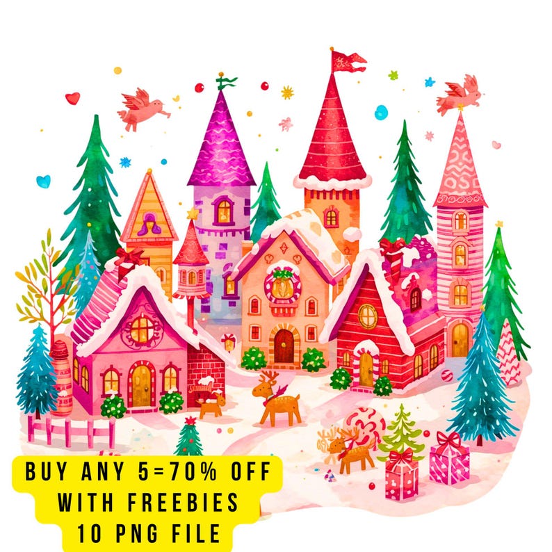 10 Candyland Christmas Village Clipart Set Bundle PNG, Winter Holiday ...