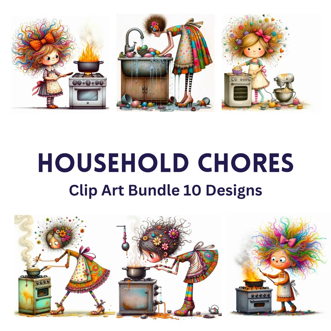 10 Whimsical Quirky Household Chores Clipart Bundle JPG, Cute Girl ...