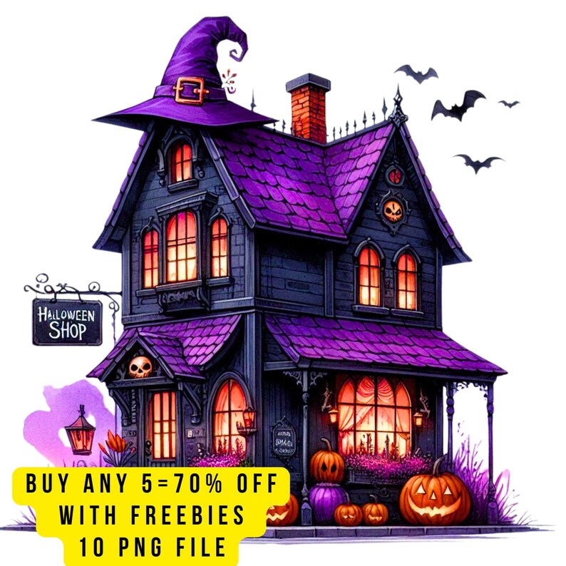 10 Cute Halloween Shop Clipart PNG, Purple Pink Haunted Ghost Shop Clip ...