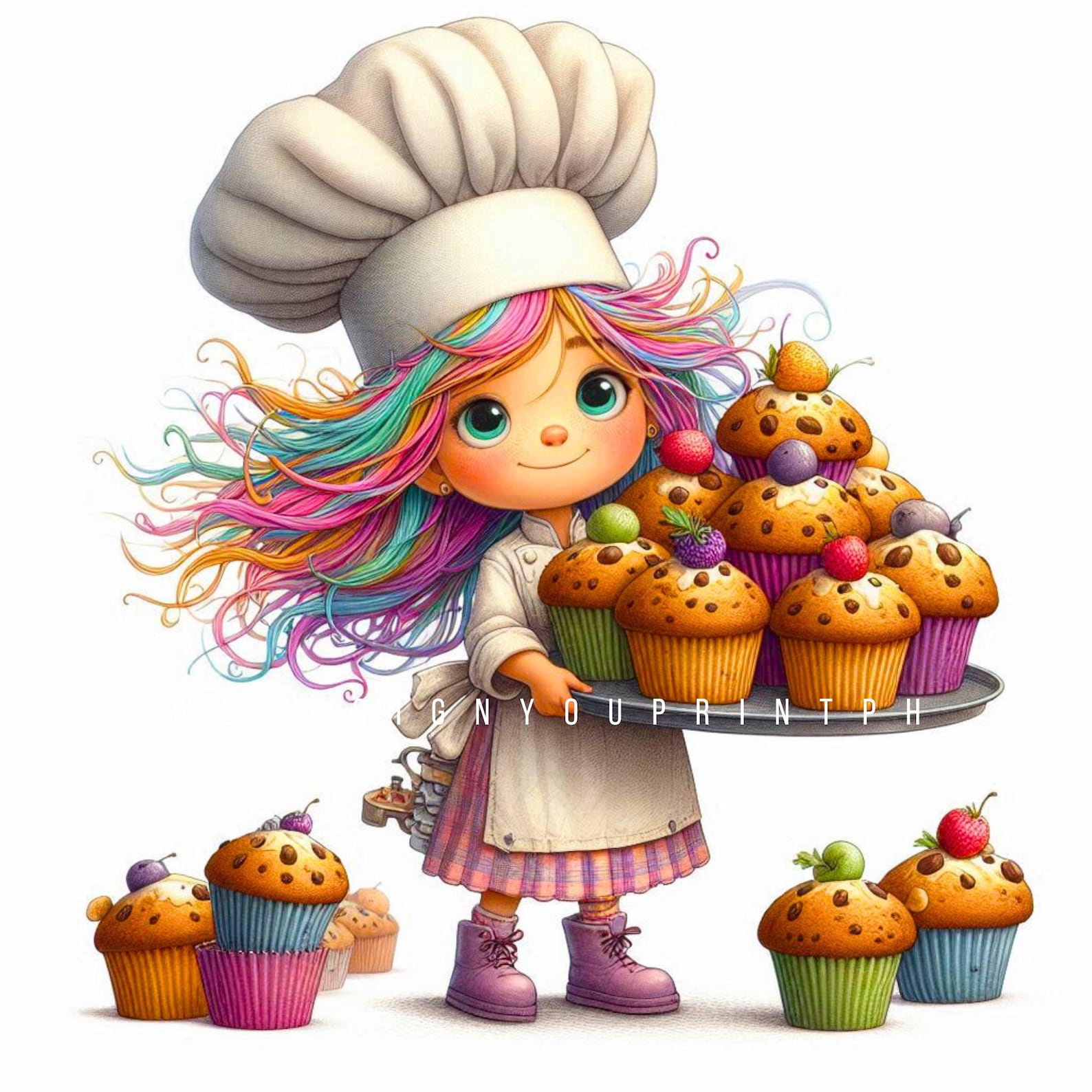 10 Cute Quirky Chef Girl Clipart JPG, Colorful Hair Little Muffins Chef ...
