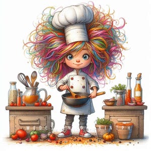 10 Cute Quirky Chef Girl Clipart JPG, Colorful Hair Little Chef Cook ...