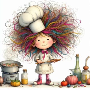 10 Cute Quirky Chef Girl Clipart JPG, Colorful Hair Little Chef Cook ...