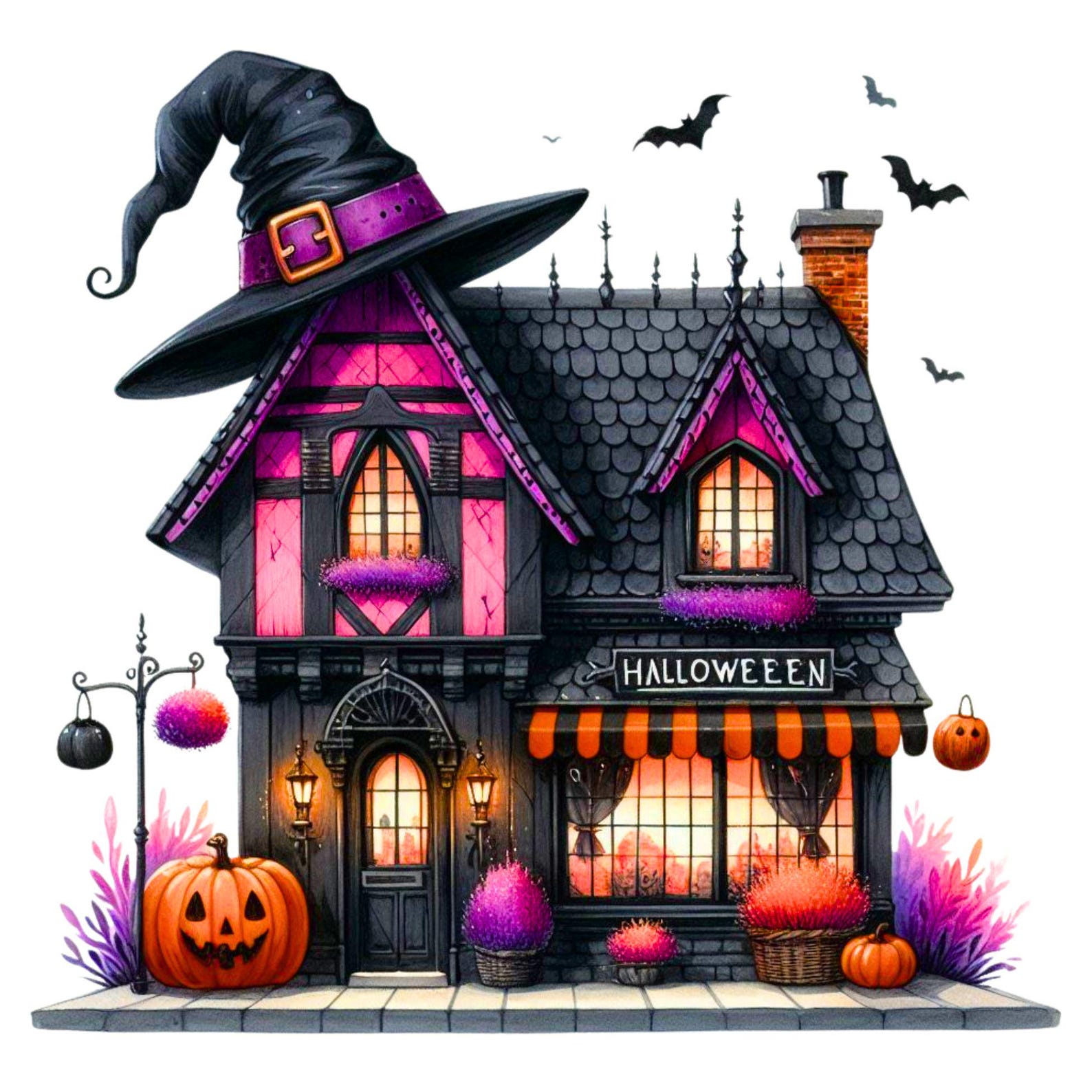 10 Cute Halloween Shop Clipart PNG, Purple Pink Haunted Ghost Shop Clip ...