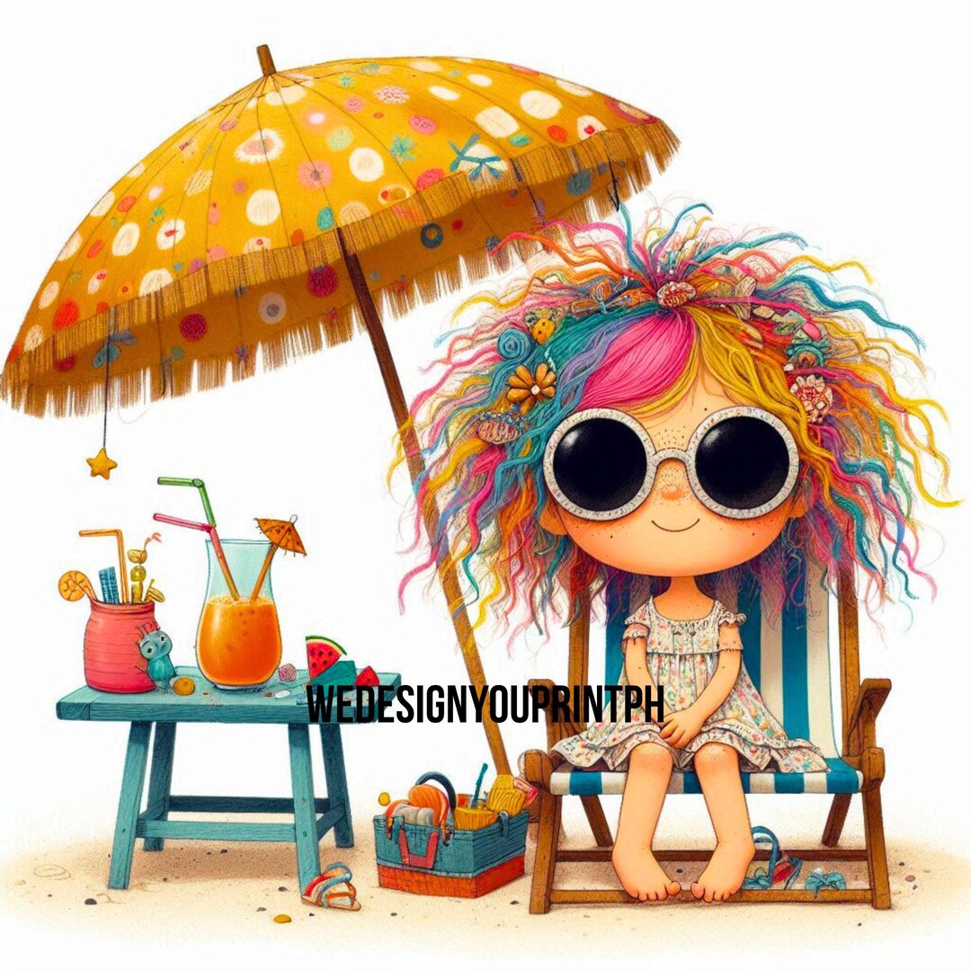 10 Summer Quirky Girl Clipart JPG, Colorful Hair Beach Girl Clip Art ...