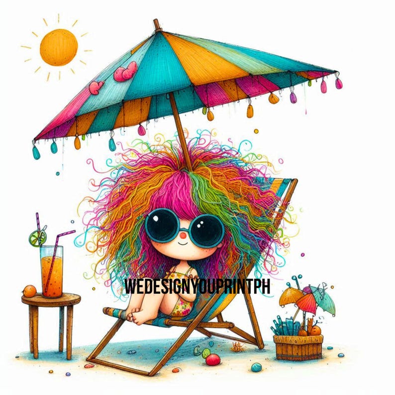 10 Summer Quirky Girl Clipart JPG, Colorful Hair Beach Girl Clip Art ...