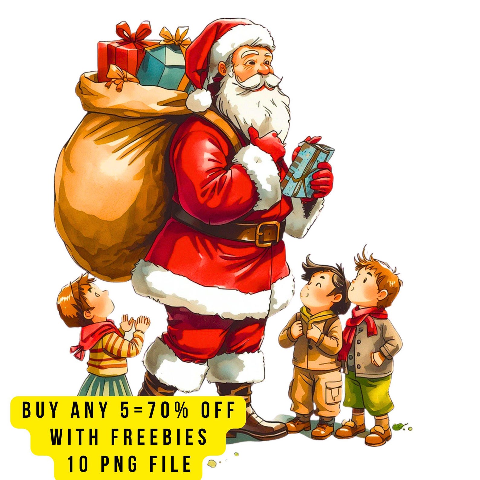 10 Santa Claus With Children Christmas Clipart, Gift Giving Watercolor ...