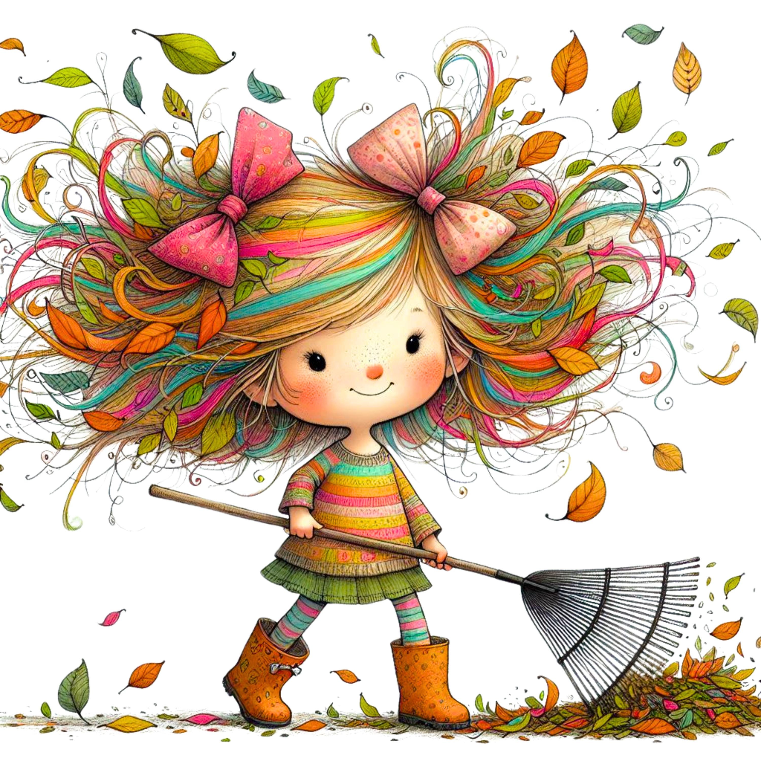 10 Cute Autumn Quirky Girl Raking Leaves Clipart JPG, Fall Cleaning ...