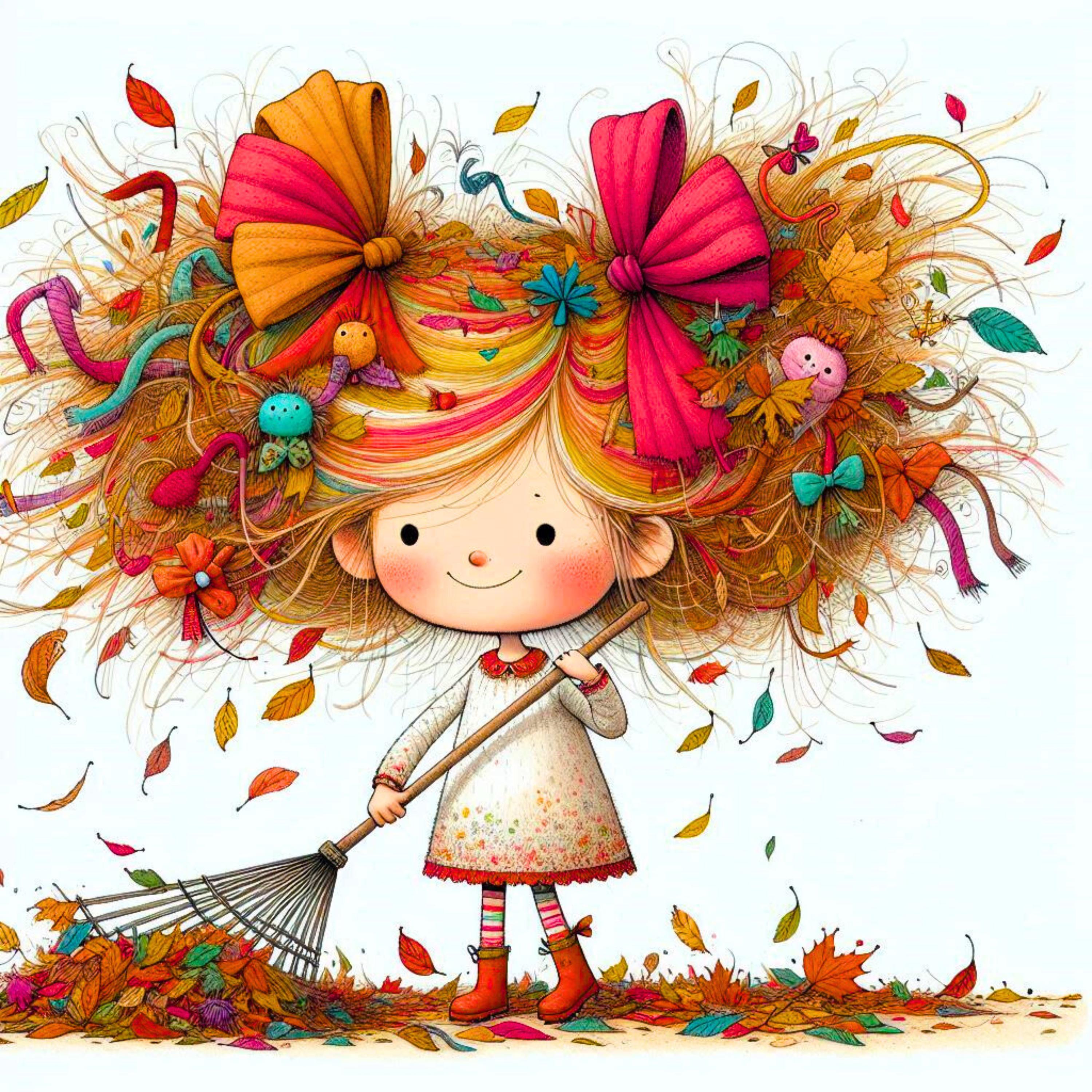 10 Cute Autumn Quirky Girl Raking Leaves Clipart JPG, Fall Cleaning ...
