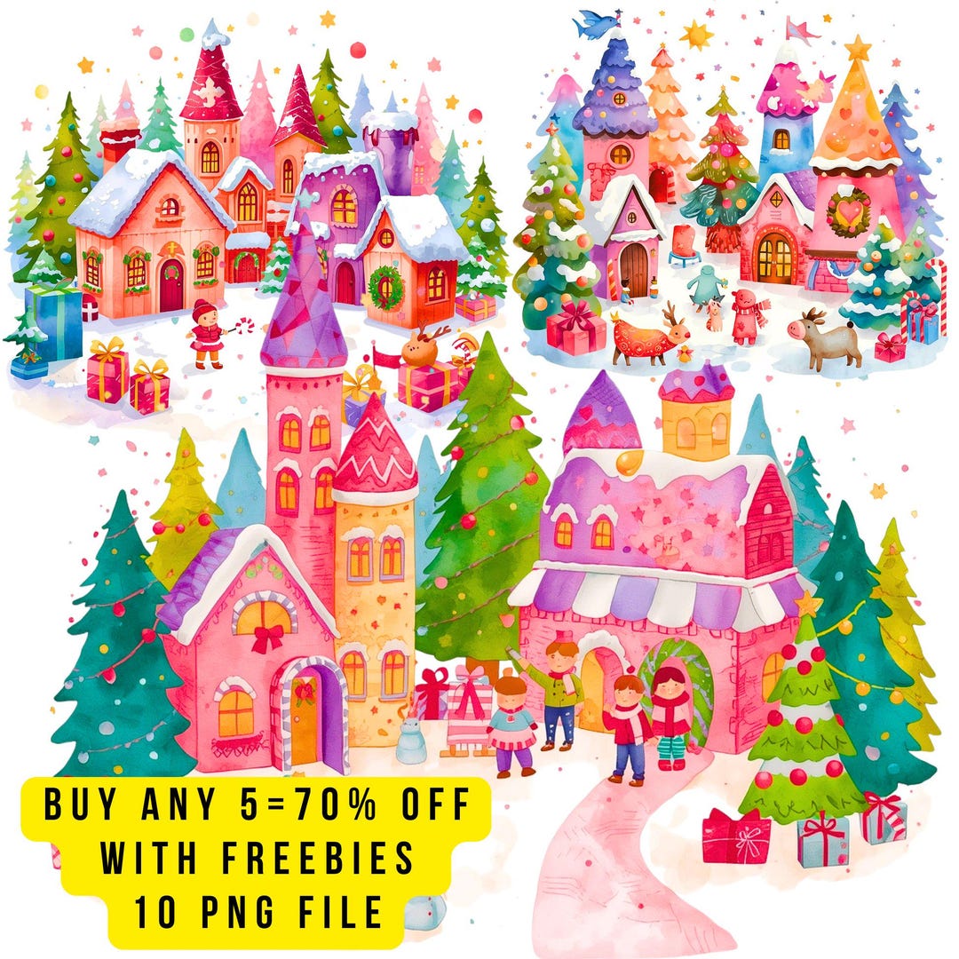10 Candyland Christmas Village Clipart Set Bundle PNG, Winter Holiday ...