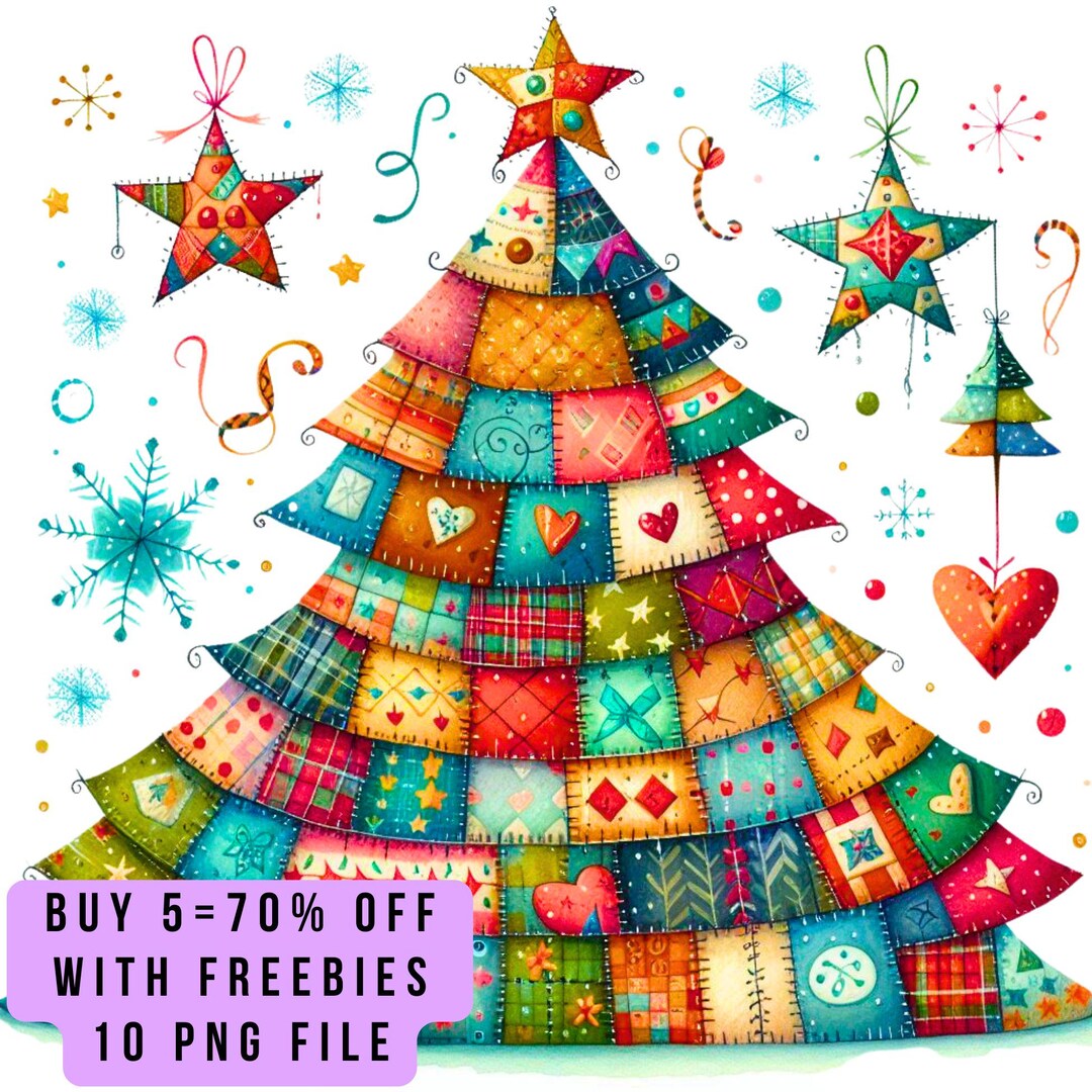 10 Patchwork Christmas Tree Clipart PNG Transparent, Quilted Holiday ...