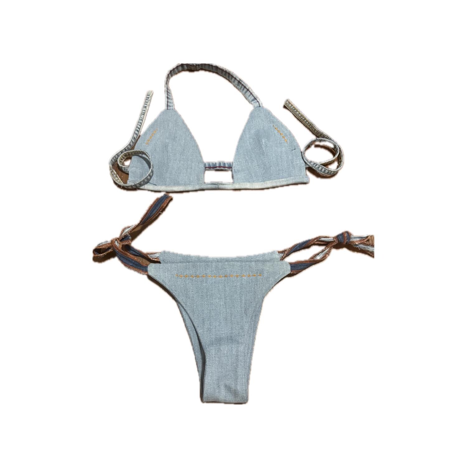 S/M Denim Bikini Two Piece Set Cheeky Tie Sides and Halter Top ...