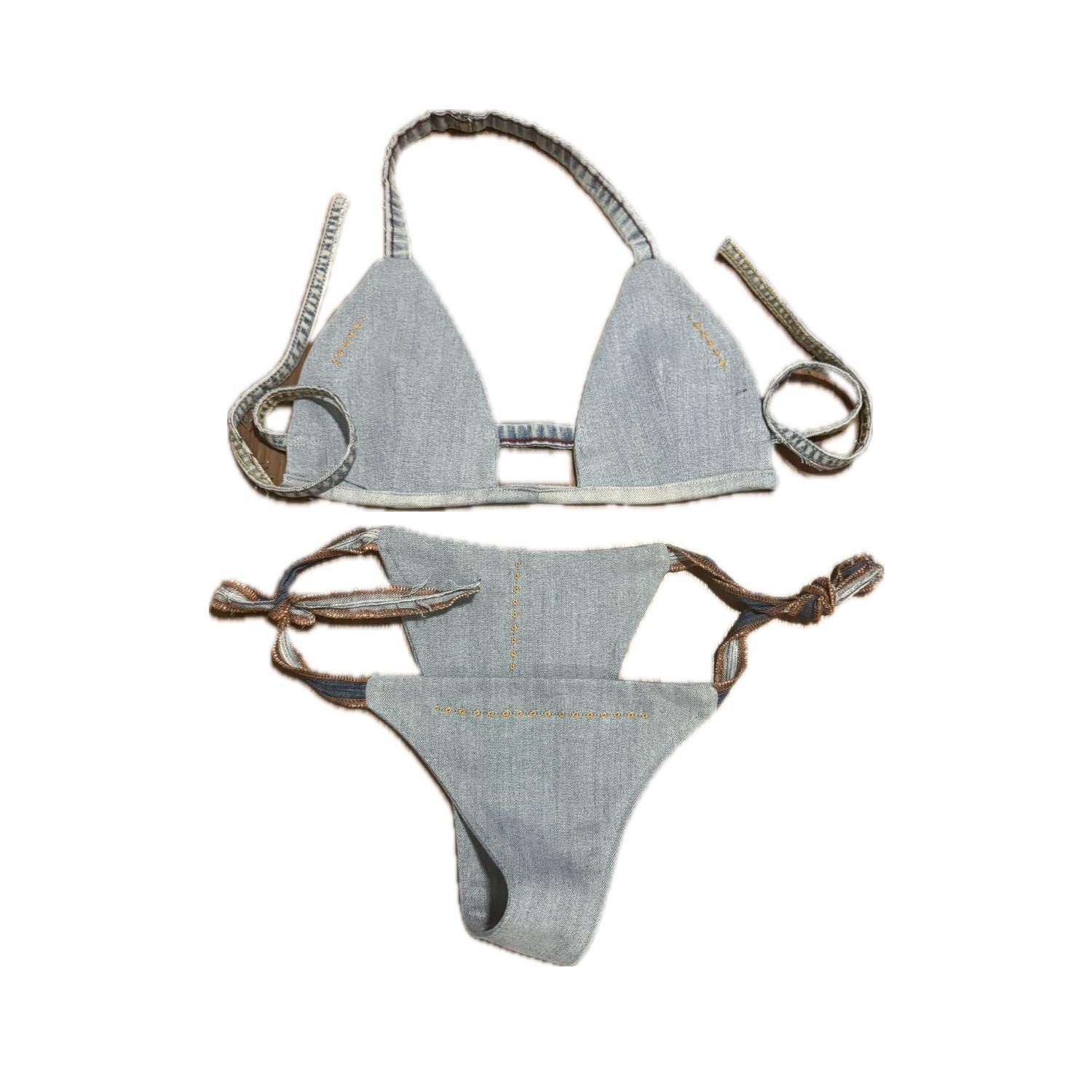 S/M Denim Bikini Two Piece Set Cheeky Tie Sides and Halter Top ...