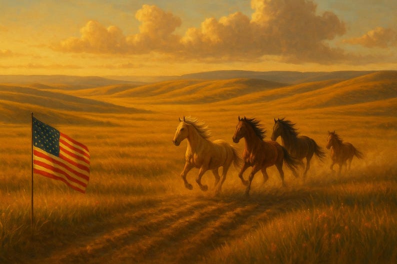 Wild Horses Running Prairie Art Print, American Flag Wall Decor ...
