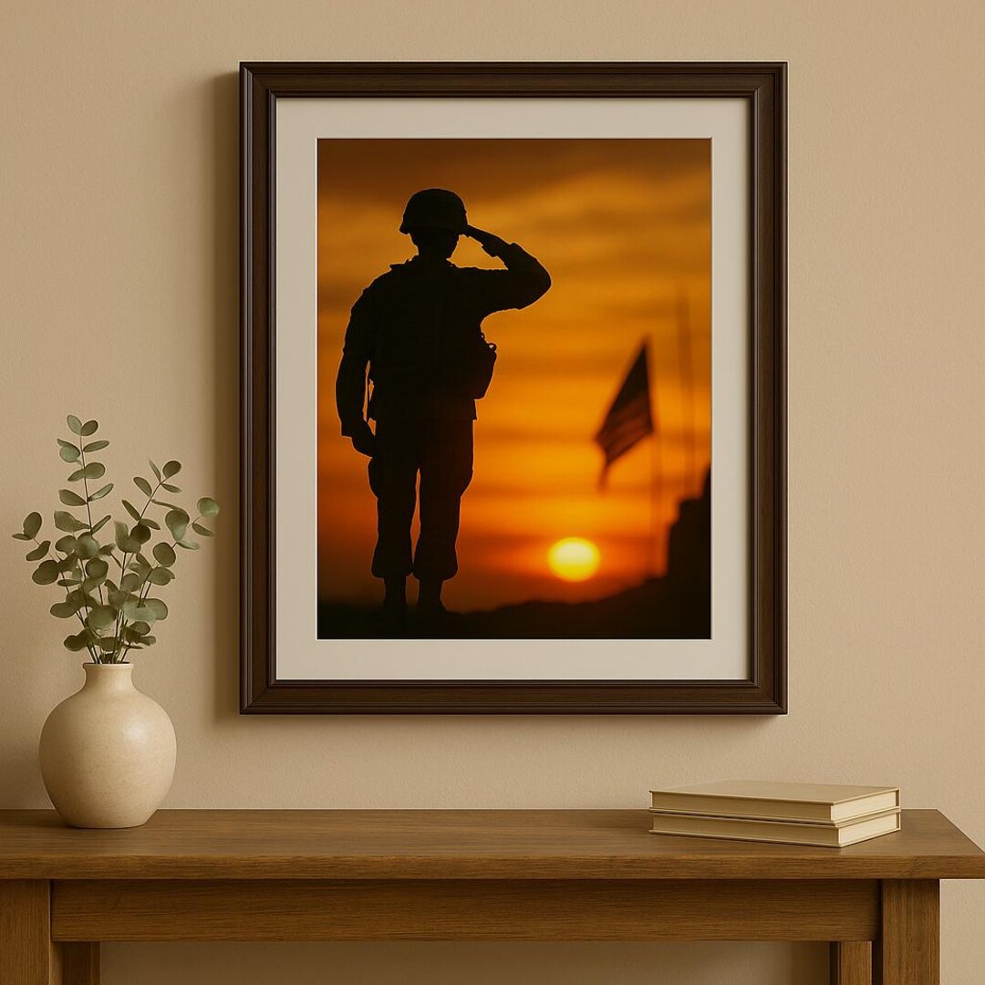 Soldier Saluting American Flag Sunset: Patriotic Wall Art (digital ...