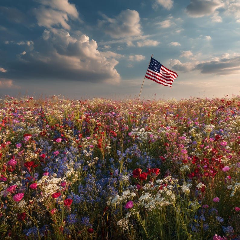 American Flag & Wildflower Field Art Print – Patriotic Floral Digital ...