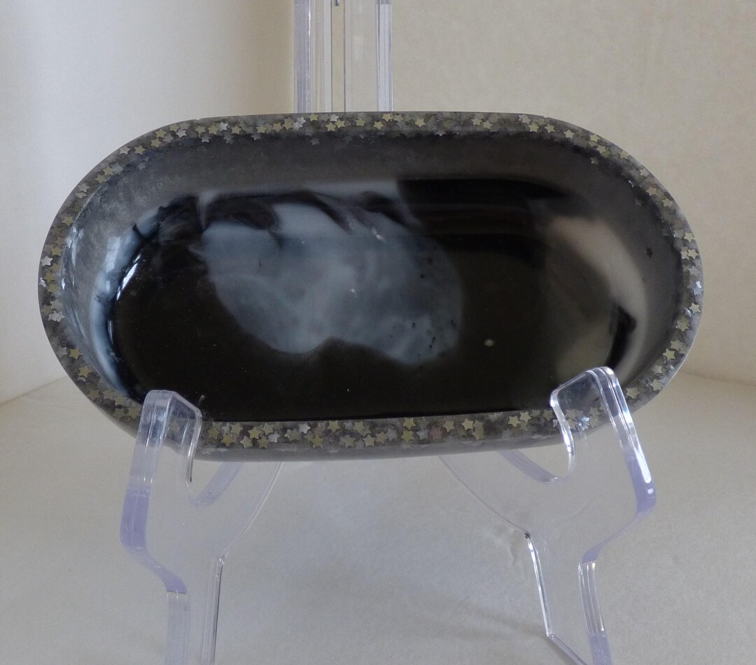 Small Oval Black and Silver Glitter Dish. Black and White Marbled Base ...