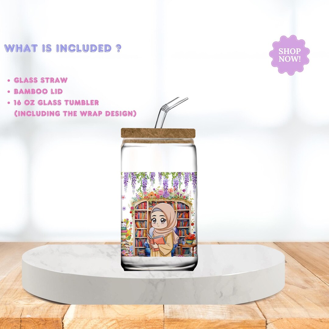 Girl With Her Book Friends Glass Can Tumbler With Straw and Lid Hijabi ...